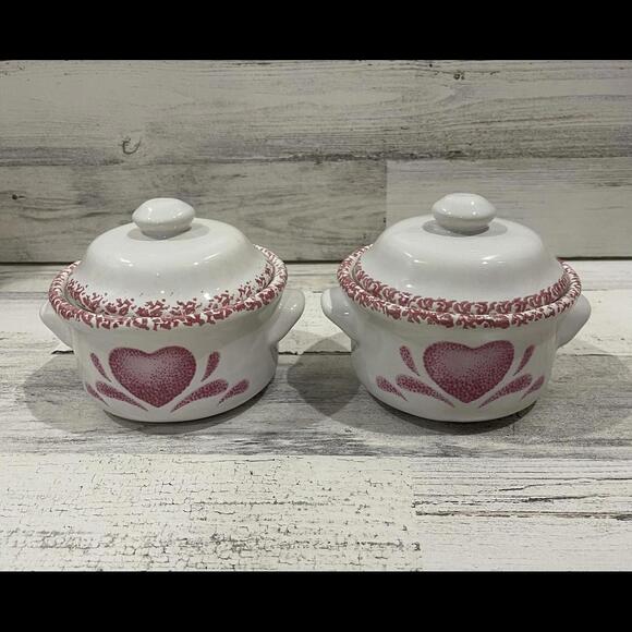Kitchen | 2 Pink Heart Spongeware Pottery Personal Casserole Crock Dish ...